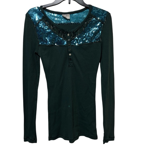 Tops | Vintage Free People Sequin Embellished Green Henley Thermal Top ...